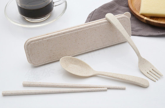 3PCS Wheat Straw Dinnerware Contemporary Flatware Sets With Chopsticks Fork And Spoon 