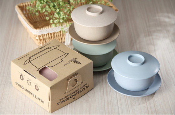 Home Office Use Wheat Straw Dinnerware Healthy Rice Bowls With Lid / Plate