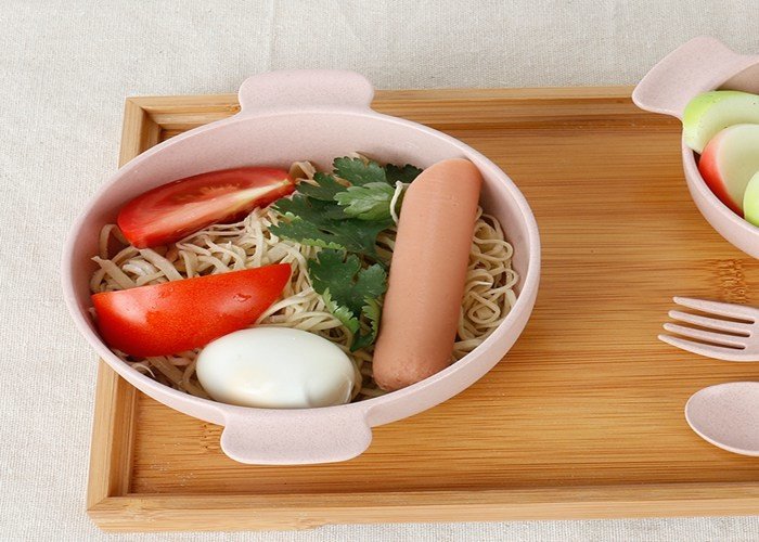 102 Gram Pink Wheat Straw Dinnerware Baby Feeding Bowls With Handle 0.033 CBM