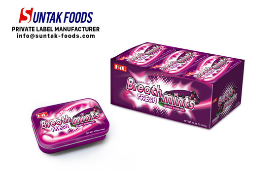 Black Currant Flavor Meta Tin Box Candy Round Shaped Eco-Friendly