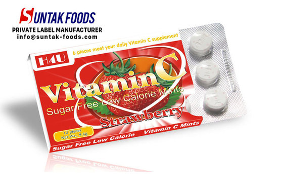 Functional Chewable Vitamin C Candy Tablets , Sugar Free Confectionery Strawberry Sweets