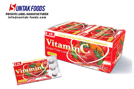Functional Chewable Vitamin C Candy Tablets , Sugar Free Confectionery Strawberry Sweets