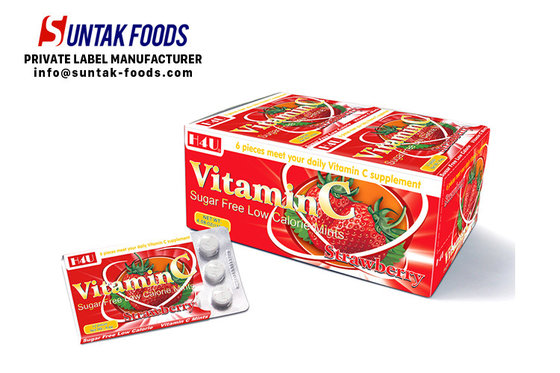 Functional Chewable Vitamin C Tablets , Sugar Free Confectionery Strawberry Sweets