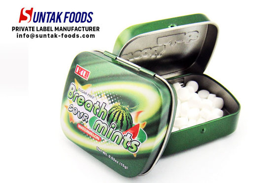 Sugar Free Tablet Tin Box Candy With Customize Logo Print Watermelon Flavor