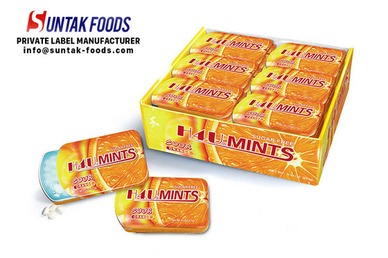 Sour Sweets Orange Organic Peppermint Candy , Low Calorie Hard Candy Slid Tin Box
