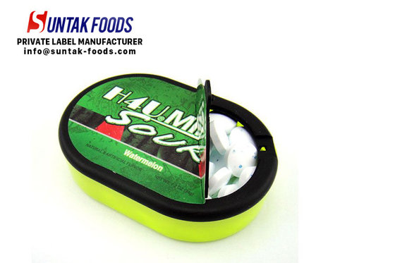 Low Calorie Watermelon Sour Fruit Candy Oval Plastic Box ODM Service