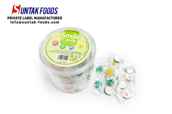 Bottle packing two layers colors sour fruity flavors smile candy