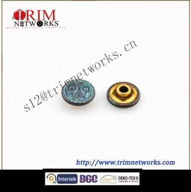 Alloy rivet 9.5MM HVB DK Bronze with green effect convex gear pattern round fashion metal button