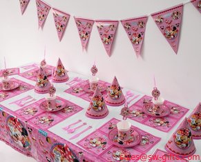 China Minnie Mouse Kids Birthday Party Decoration Set Party Supplies cup plate banner hat straw loot bag fork supplier