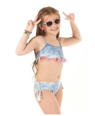 China Girls Washed Denim Ruffled Crop Top Bikini - Pompom supplier