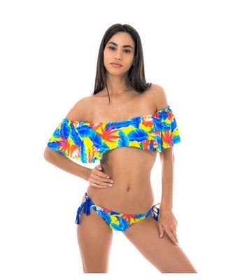 China Bandeau Bikini With Tropical multicoloured Ruffles - Paradise Yellow supplier