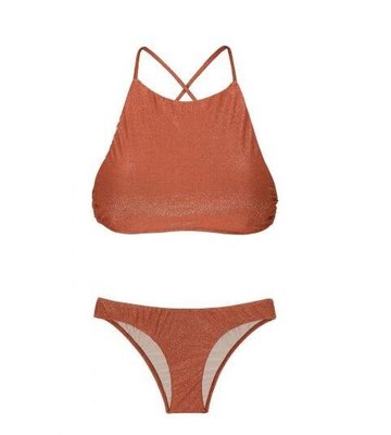 China Racerback Crop Top Bikini In Copper Lurex - Radiante Canela Cropped supplier