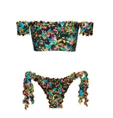 China Black Floral Crop-top Bikini With Sleeves - Reality Flower Off Soulder supplier