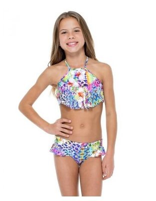 China Girl's Printed Crop Top Bikini With Frills - Guajira High Neck supplier
