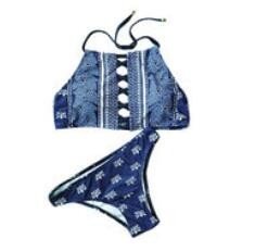 China Blue National Print Swimwear Bikini Women 2018 Beach Bathing Halter Neck Sling Bandage supplier