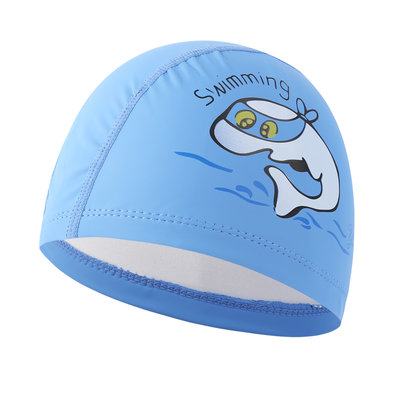 Cartoon dolphin waterproof PU long hair fabric ear protection kids swimming pool water sport swimming cap hat for boys supplier