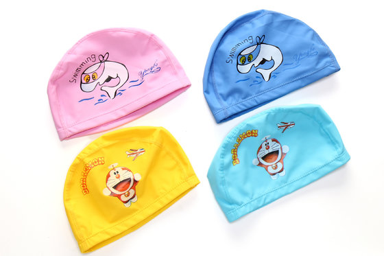 Cartoon dolphin waterproof PU long hair fabric ear protection kids swimming pool water sport swimming cap hat for boys supplier