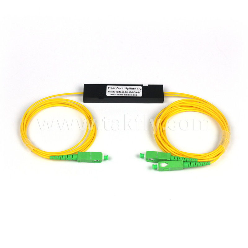 1 to 2 SC APC fiber optic PLC splitter ABS box type 2.0mm 1.5m in & out fiber