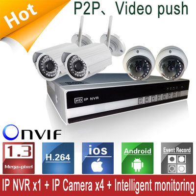Onvif 4CH 720P 2pcs*Wired+2pcs*WIFI IP Camera System NVR Kit support 1*2TB HDD