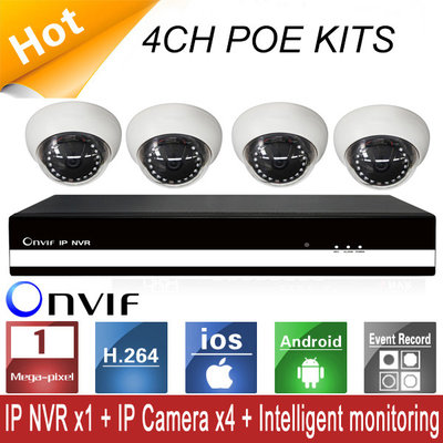 Real Time 4CH 1 MP NVR Kit , WDR Low Lux Network IP Dome Camera