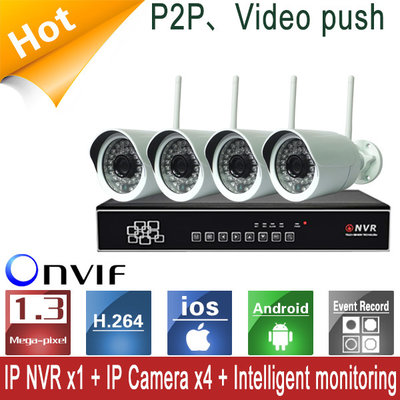 Onvif 4CH 1.3MP 960P NVR Kit Wireless IP Camera Systems DC12V / 1A