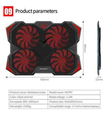 black Cooling Pad Adjustable Angle Speed Stand with 4 LED Fans and 2pcs USB Ports for laptop