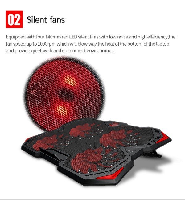 black Cooling Pad Adjustable Angle Speed Stand with 4 LED Fans and 2pcs USB Ports for laptop