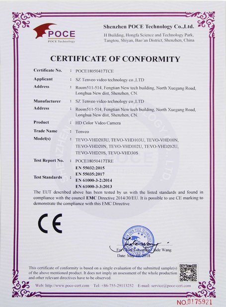 China Shenzhen Tenveo Video Technology Co., Ltd certification