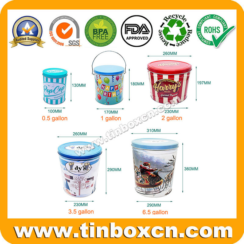 Custom 0.5/1/2/3.5/6.5 Gallon Metal Bucket Popcorn Tin with Lid For Food packaging
