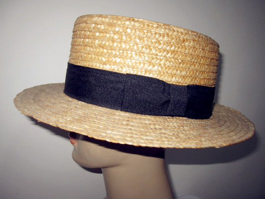 62cm Boater Shape Mens Straw Fedora Hat , Black Ribbon 3.5cm PU In Zigzag Stitching