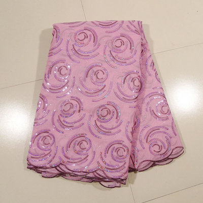 Pink Purple Embroidered African Lace Fabrics With Stones , Curtain
