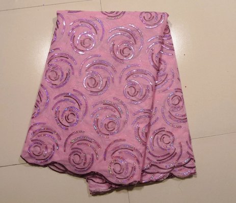Pink Purple Embroidered African Lace Fabrics With Stones , Curtain
