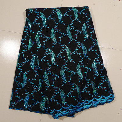 Embroidered African Lace Fabrics , Black + Blue