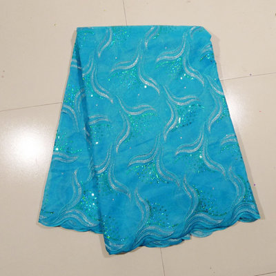Blue Embroidered African Lace Fabrics , Wedding Dress Customize / OEM