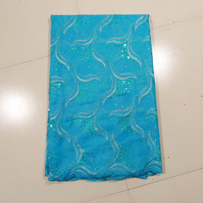 Blue Embroidered African Lace Fabrics , Wedding Dress Customize / OEM