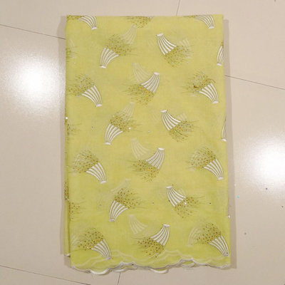 Moving Design Embroidery African Lace Curtain Fabric Peach Yellow Customize / OEM