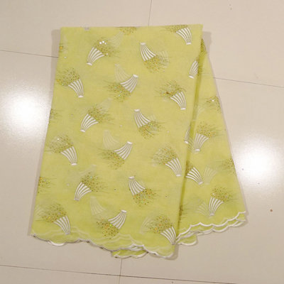Moving Design Embroidery African Lace Curtain Fabric Peach Yellow Customize / OEM