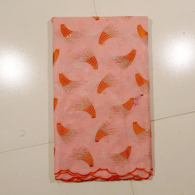 Moving Design Embroidery African Lace Curtain Fabric Peach Yellow Customize / OEM