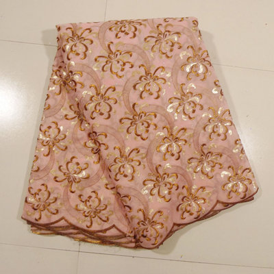 Peach Beige African Embroidery Lace Fabric , Garment