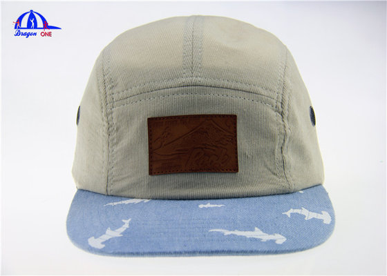 Wholesale Fashion 5 Panel Camp Cap In Corduroy Fabric and Leather Patch On Front