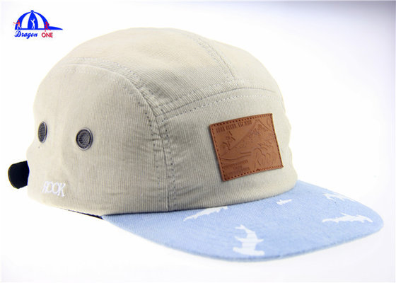 Wholesale Fashion 5 Panel Camp Cap In Corduroy Fabric and Leather Patch On Front