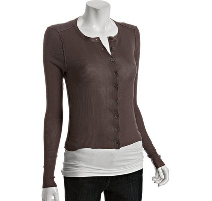 Brown Cotton Crew Neck Ladies Cardigan Sweaters Ribbed With Buttons