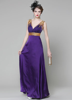 Elegant Purple Ladies V Neck Party Dresses for Birthday / Wedding Party