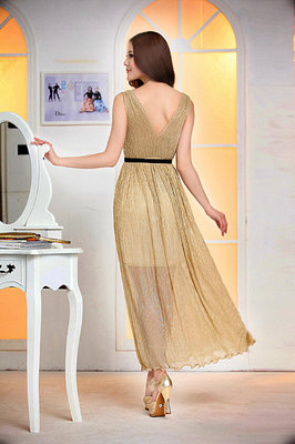 Golden Chiffon Deep V Neck Evening Party Dresses for Girls , Womens