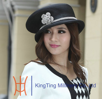 party Yellow / Black Womens Church Hats With Stunning Diamond Chain / Brooch