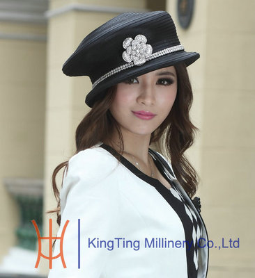 party Yellow / Black Womens Church Hats With Stunning Diamond Chain / Brooch