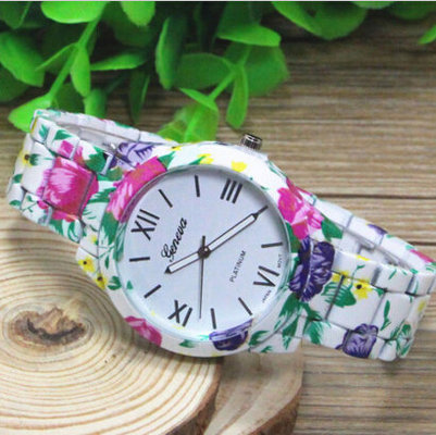 Lady Dress Relogio Flower Printing Geneva Quartz Watch For Business , Party , Sport