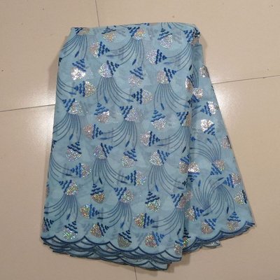 Sky Blue African Embroidery Lace Fabric with stones , Window Curtain
