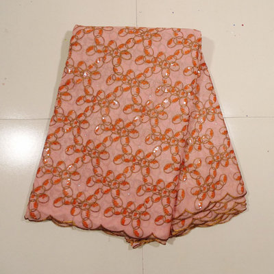 Garment African Embroidery Lace Fabric , Pink Grey with stones