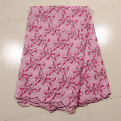 Garment African Embroidery Lace Fabric , Pink Grey with stones